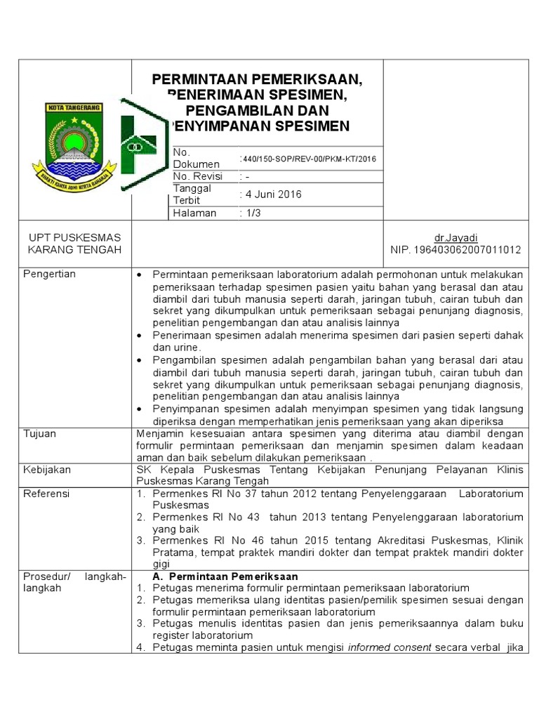8.1.2.1 SOP Permintaan Pemeriksaan, Penerimaan Spesimen, Pengambilan Dan Penyimpanan Spesimen ...