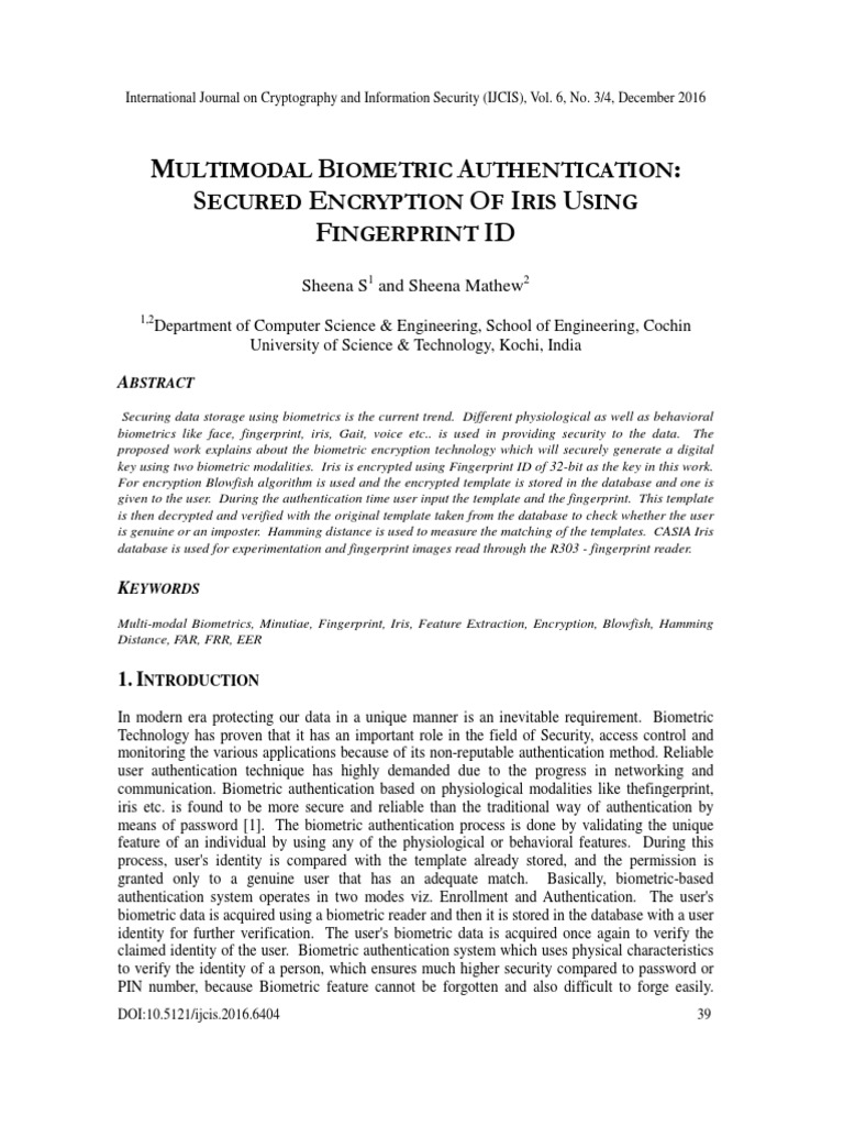 Multimodal Biometric Authentication Secured Encryption Of Iris Using Fingerprint Id Pdf