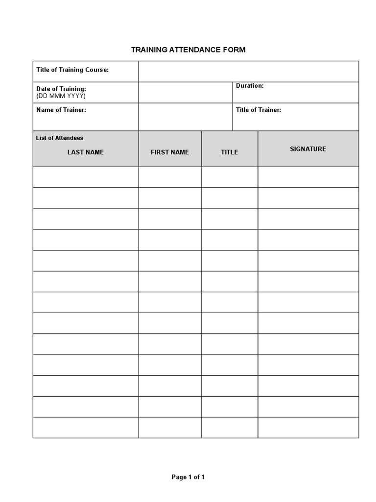 Training Attendance Form Template | PDF | Language Arts & Discipline ...
