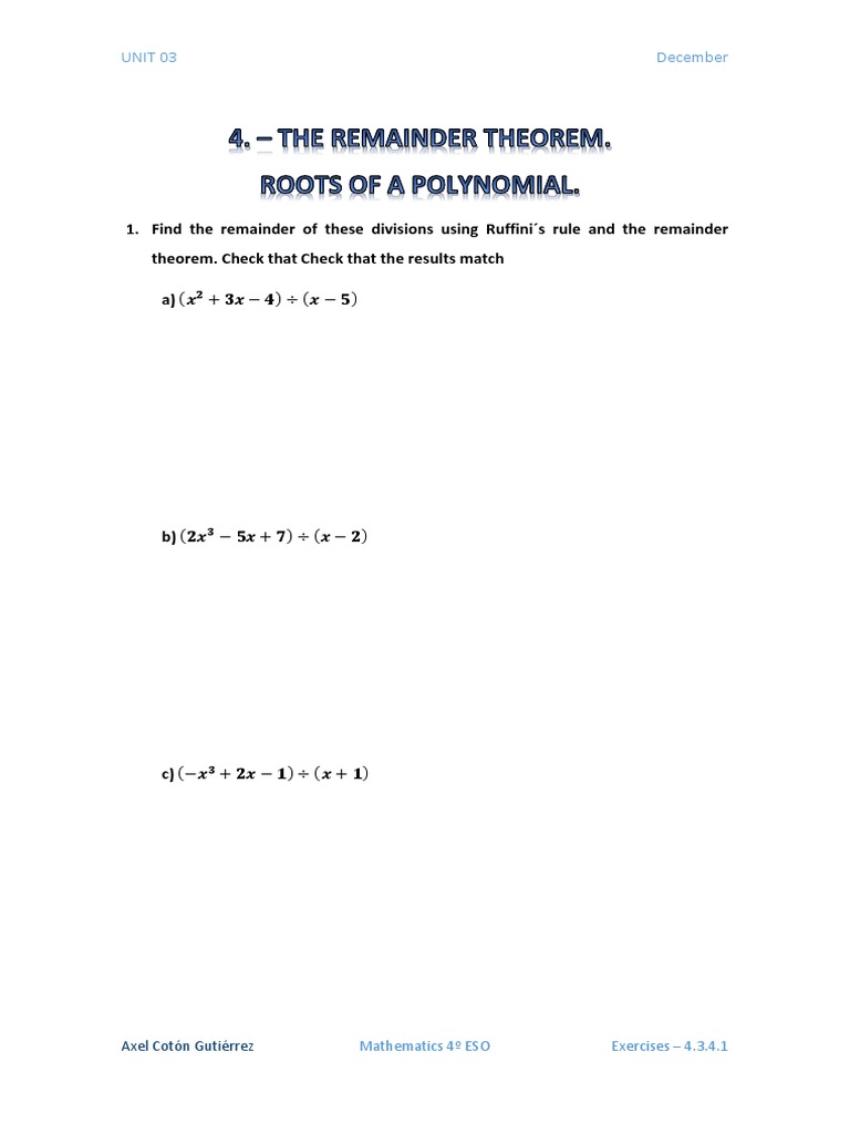 4 ESO Academics - Unit 03 - Exercises 4.3.4 - The Remainder Theorem. Roots of A Polynomial. | PDF