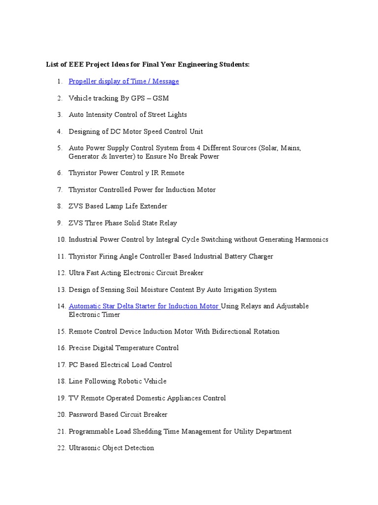 List of EEE Project Ideas For Final Year Engineering Students | PDF | Relay | Wireless
