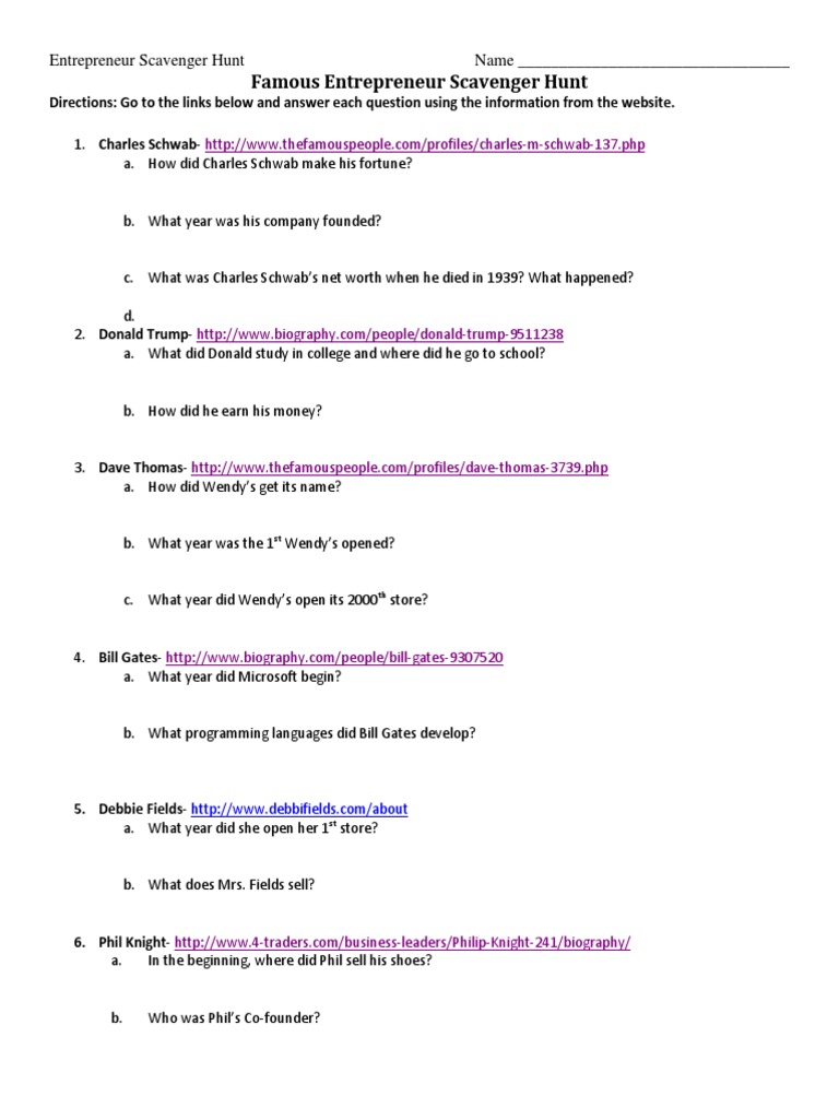 Famous Entrepreneur Scavenger Hunt 1 | Download Free PDF | Mark ...