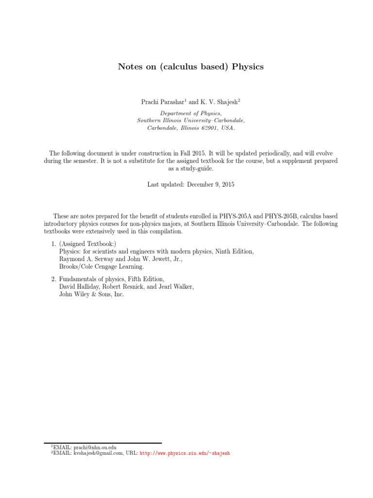 Notes On Calculus Based Physics | PDF | Capacitor | Acceleration