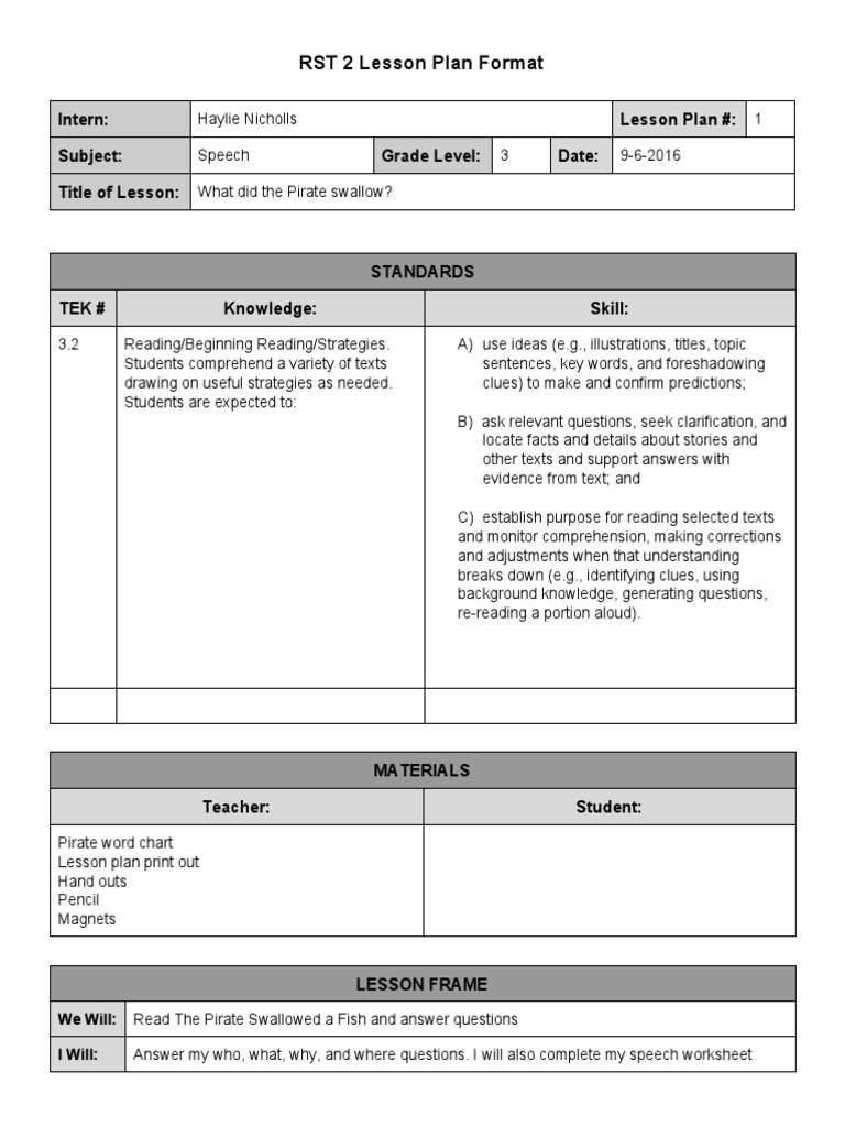 RST 2 Lesson Plan Format: Intern: Lesson Plan #: Subject: Grade Level ...