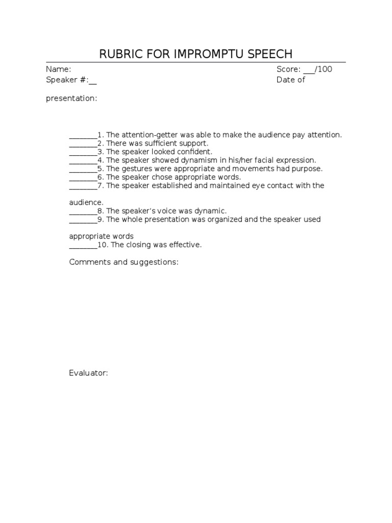 Rubric For Impromptu Speech | PDF | Human Communication | Semiotics