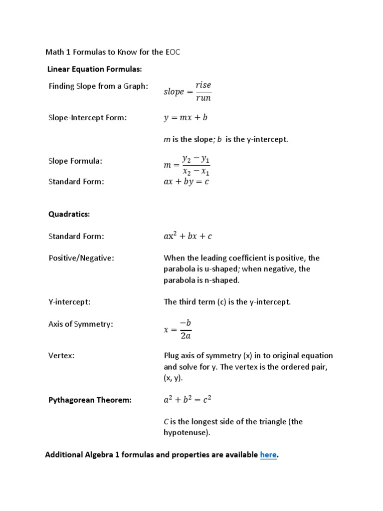 Math 1 Formulas To Know For The Eoc | PDF | Quadratic Equation | Space