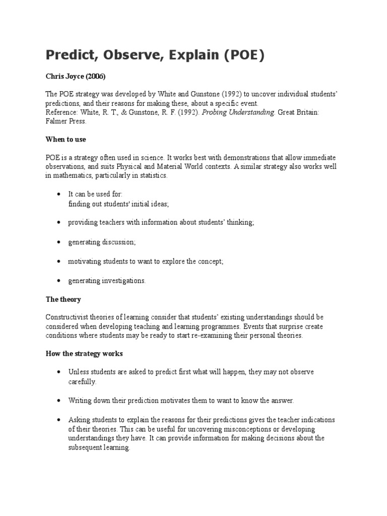 Predict, Observe, Explain (POE) : Chris Joyce (2006) | PDF | Prediction | Science