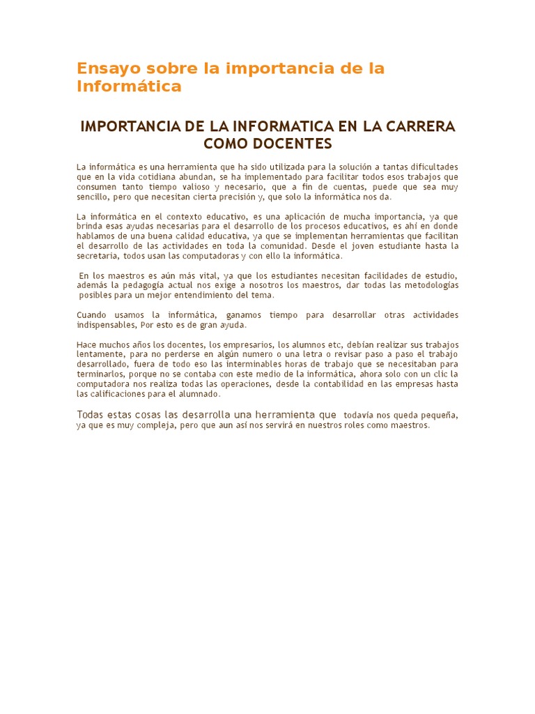 Ensayo Sobre La Importancia de La Informática | PDF
