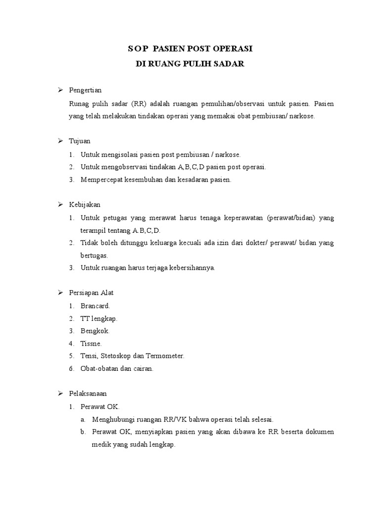 SOP Pemulihan Pasien Pasca Operasi | PDF | Pengembangan Diri | Sains ...