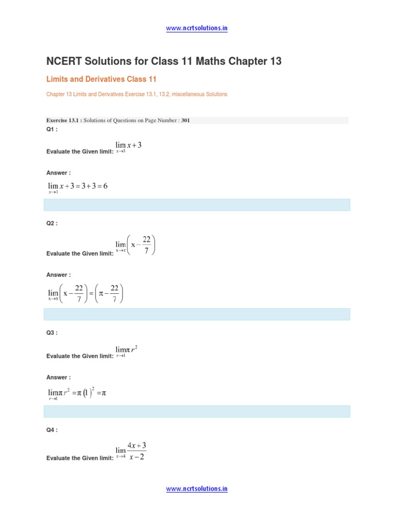 Class 11 Limits and Derivatives Solutions | PDF | Derivative | Function ...