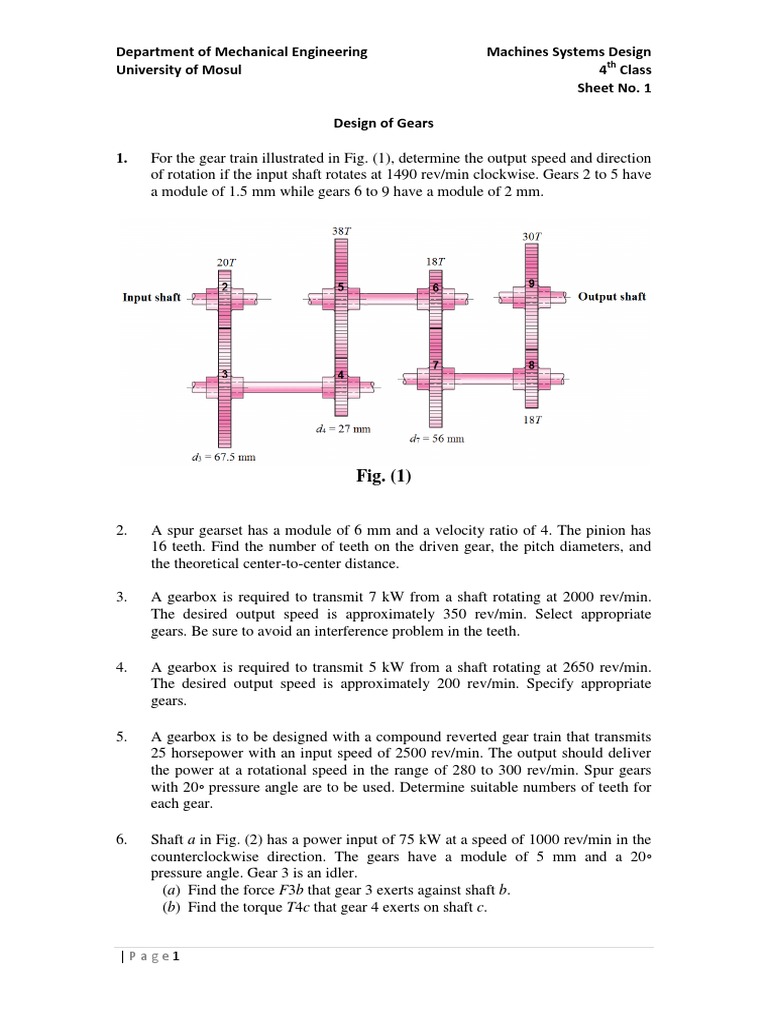 Sheet No. 1 Design of Gears | PDF | Gear | Machines