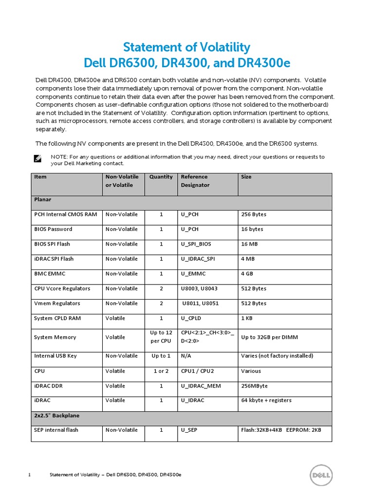 Dell DR6300/DR4300 Volatility Statement | PDF | Flash Memory | Bios
