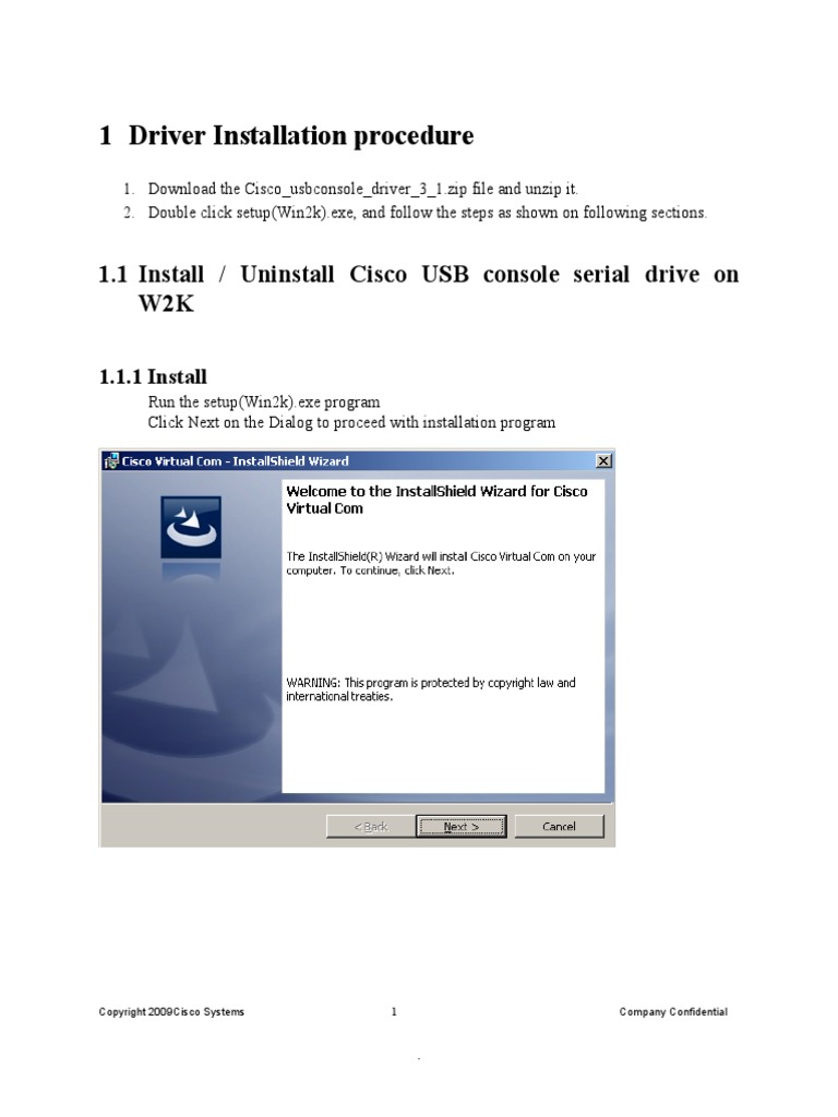 1 Driver Installation Procedure: 1.1 Install / Uninstall Cisco USB ...