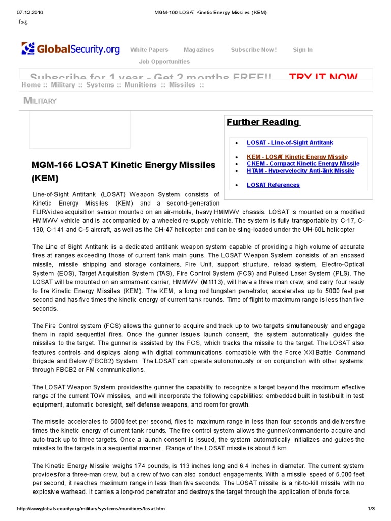 Mgm-166 Losat - Wikipedia | PDF | Humvee | Artillery