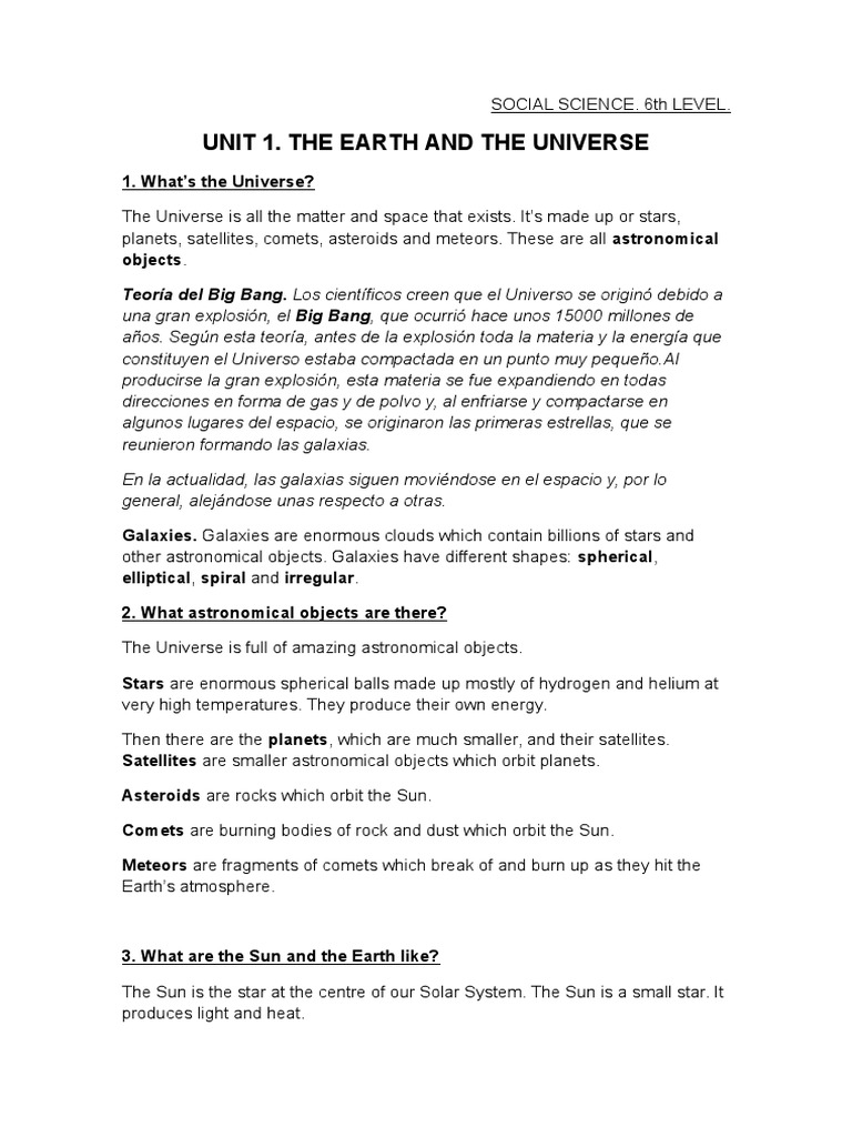 Unit 1. Social Science. The Earth and The Universe | PDF | Science ...