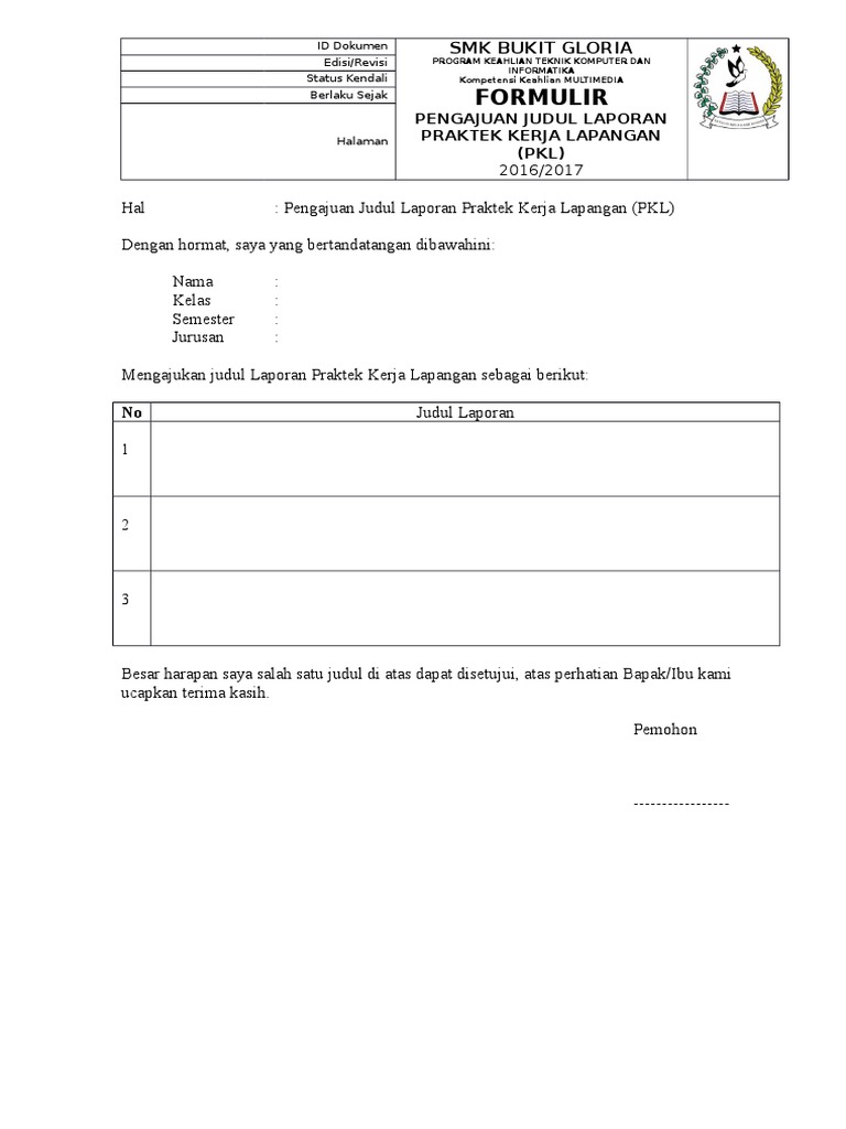 Form Pengajuan Judul PKL Update | PDF