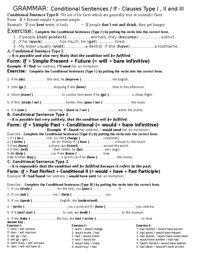 Exercise: Conditional Sentences / If - Clauses Type I, II and III | PDF ...
