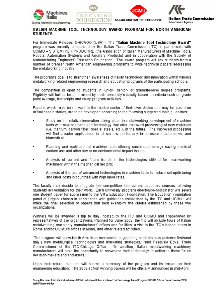 Italian Machine Tool Technology Award Program For North American ...