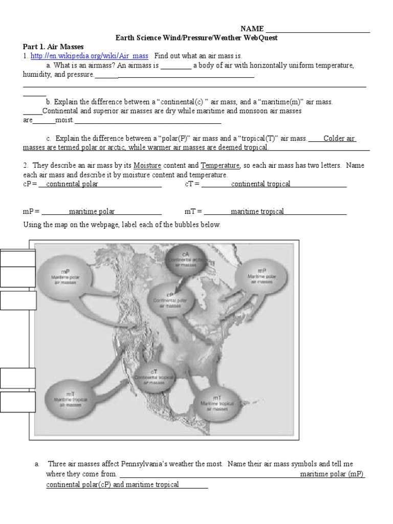 Name - Earth Science Wind/Pressure/Weather Webquest Part 1. Air Masses ...