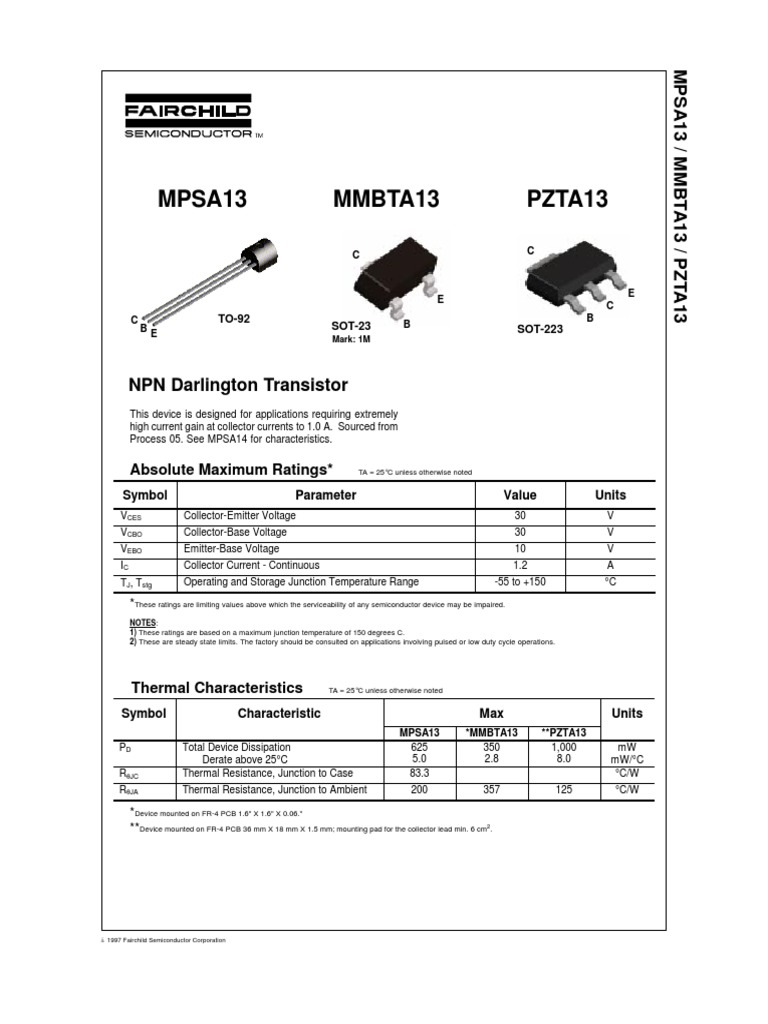 Mmbta13 MPSA13 PZTA13: NPN Darlington Transistor | PDF | Packaging And ...