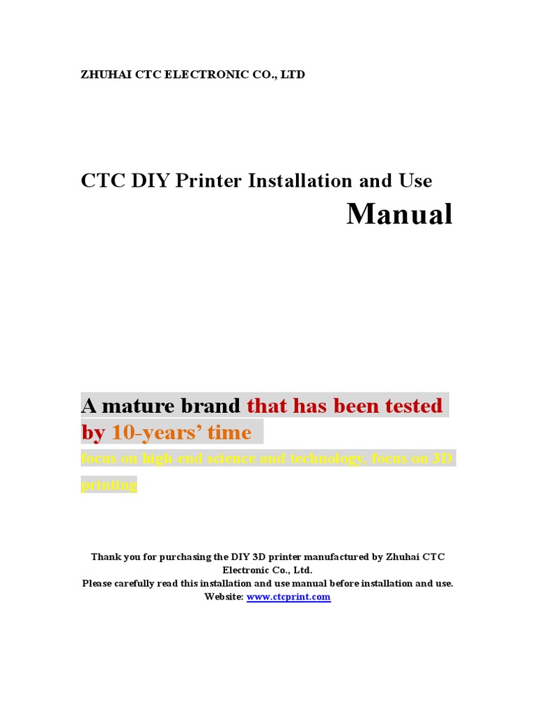CTC DIY Printer Installation and Use Manual 1 | PDF | 3 D Printing ...