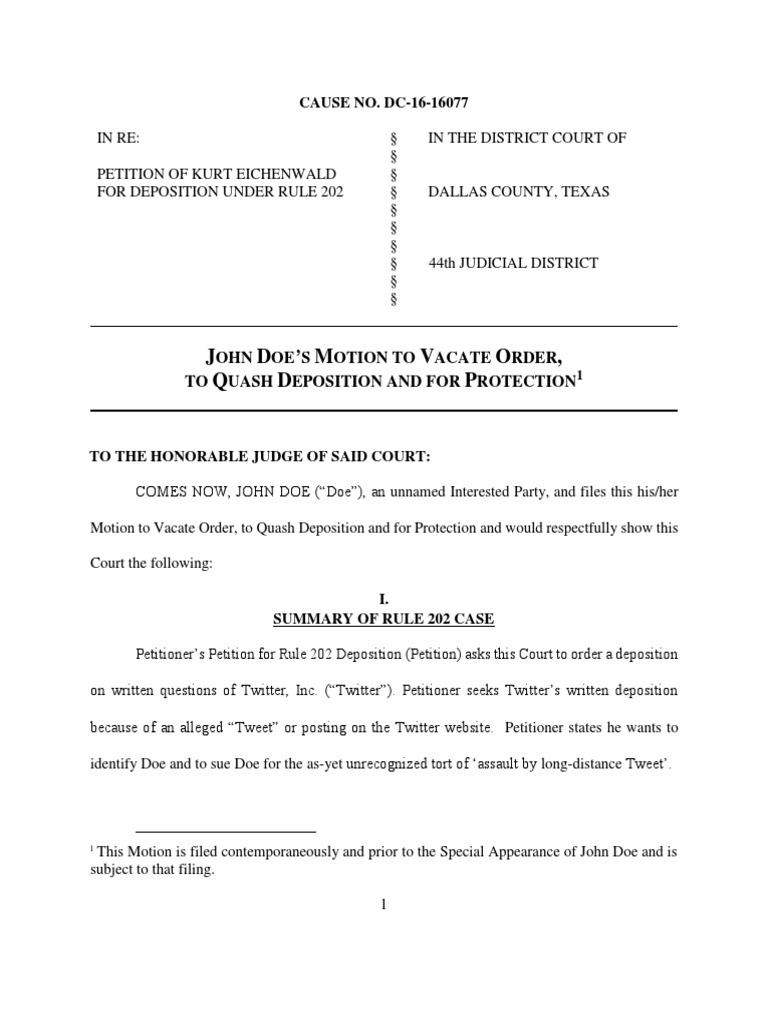 John Doe's Motion To Vacate Order, To Quash Deposition and For ...