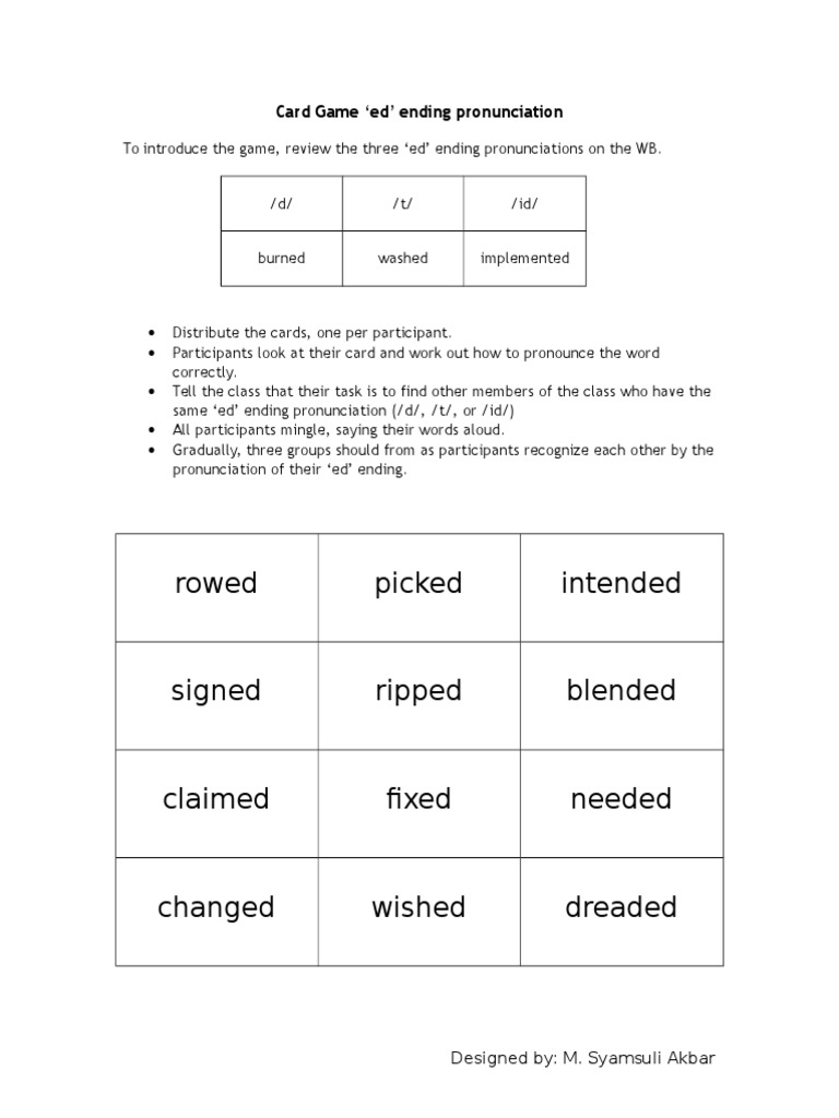 A Card Game to Practice the Three Common 'Ed' Ending Pronunciations: /d ...