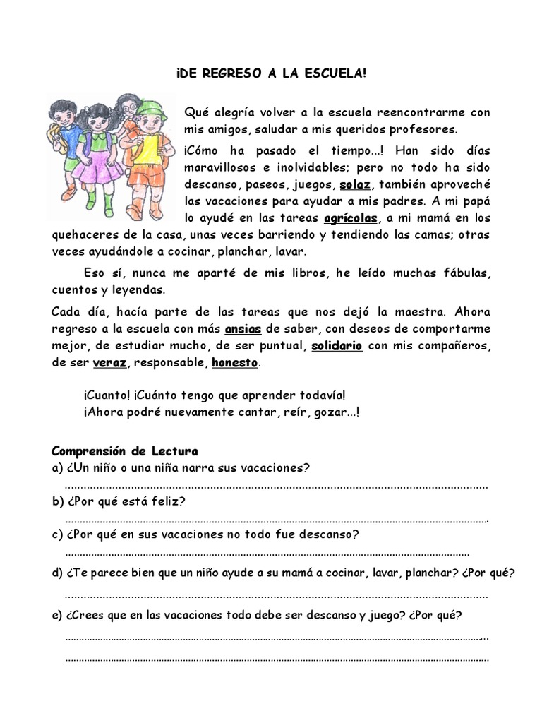 Lectura sobre el regreso a clases | PDF | Diccionario | Heno