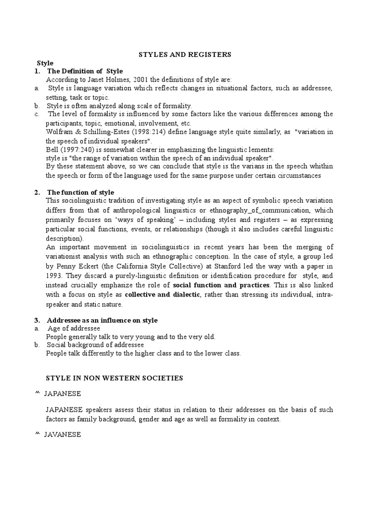 Styles and Registers | PDF | Sociolinguistics | Linguistics