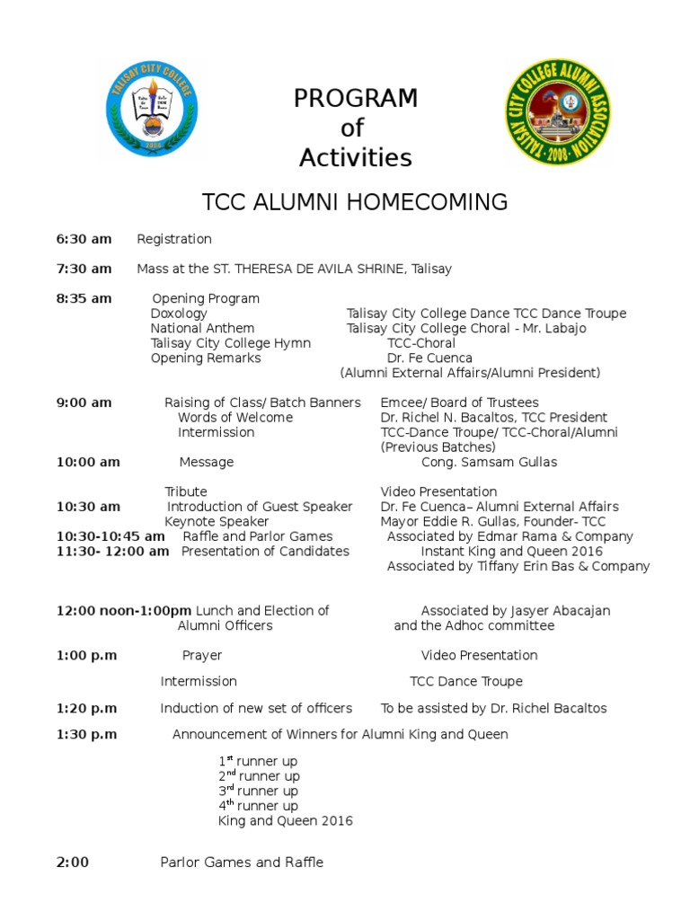 Program of Activities: TCC Alumni Homecoming | PDF