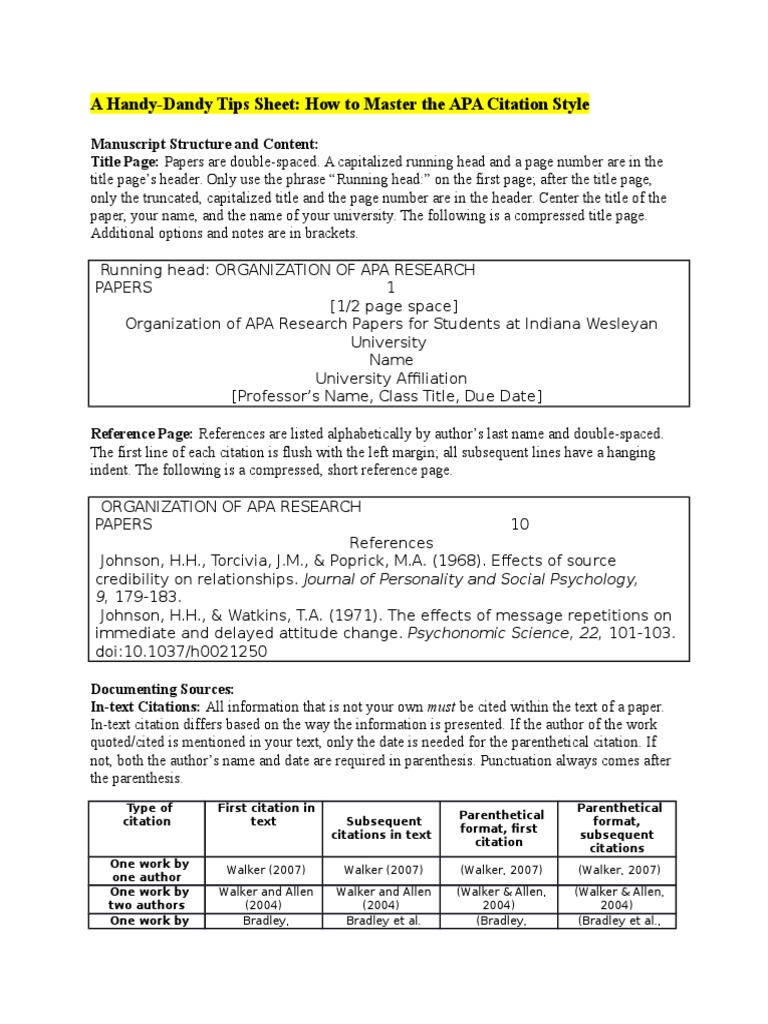 A Handy-Dandy Tips Sheet: How To Master The APA Citation Style ...