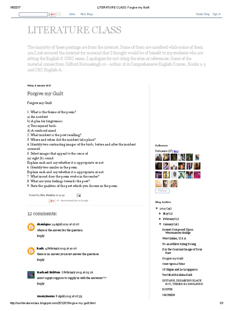 LITERATURE CLASS - Forgive My Guilt PDF | PDF | Poetry