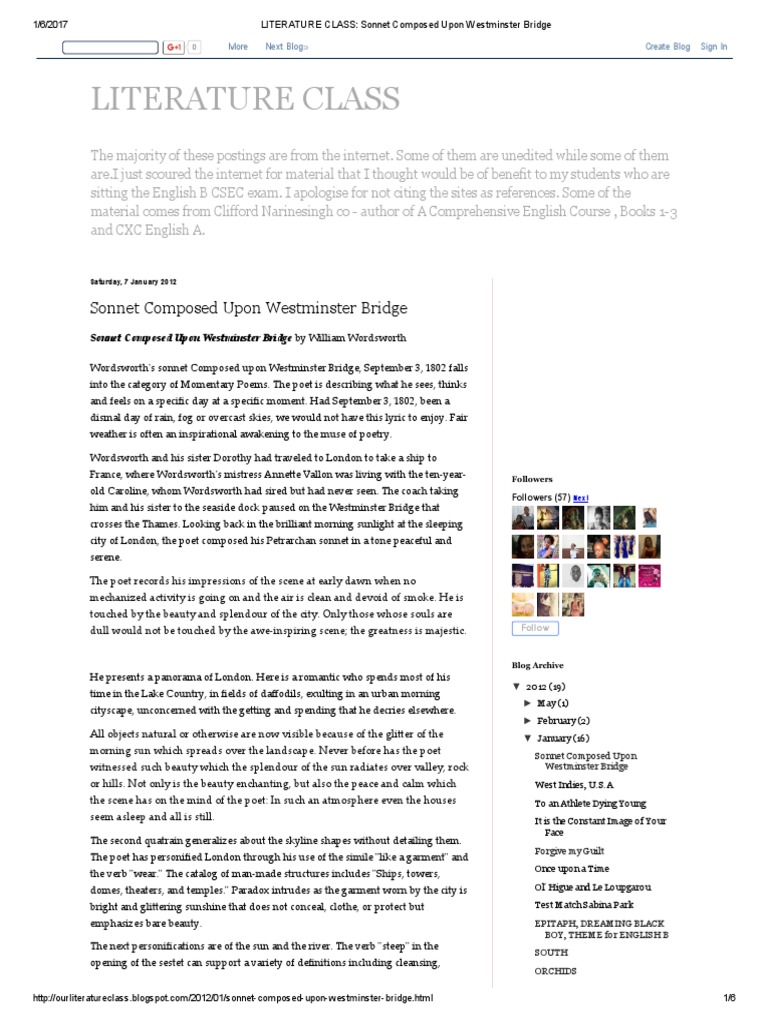 LITERATURE CLASS_ Sonnet Composed Upon Westminster Bridge | Sonnets ...