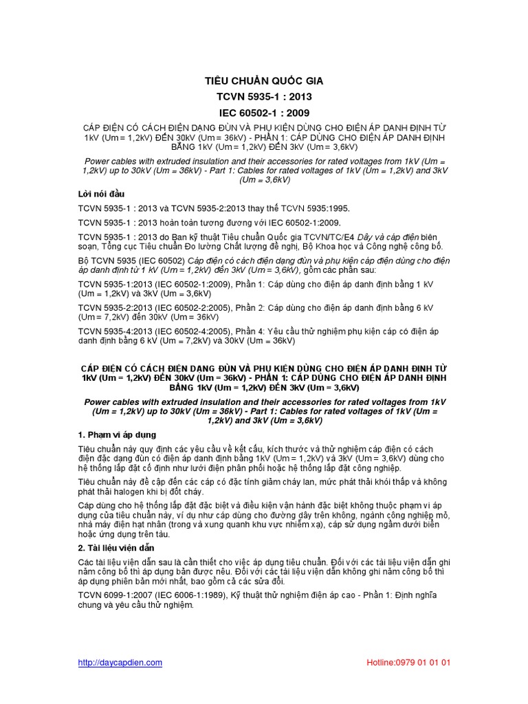 TCVN 5935 1 2013 - Iec 60502 1 2009 PDF | PDF