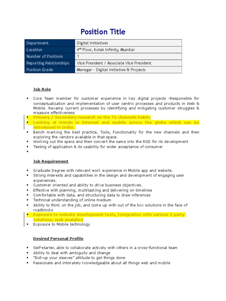 Position Title: Department Location Number of Positions Reporting ...