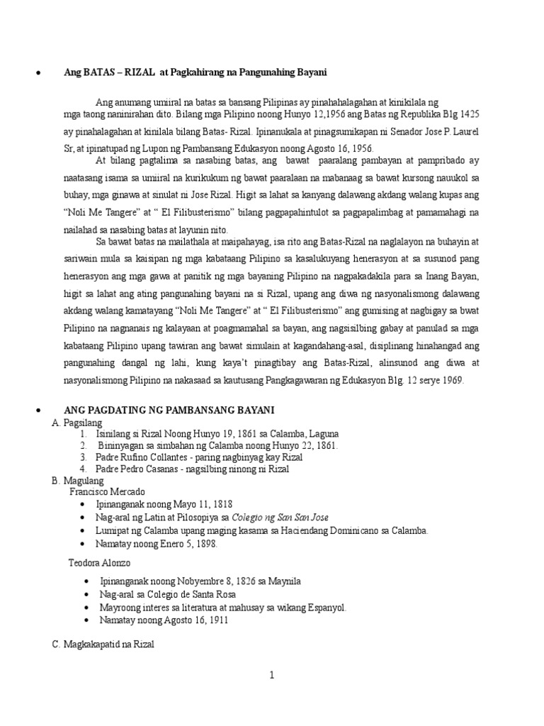Ang BATAS – RIZAL at Pagkahirang na Pangunahing Bayani