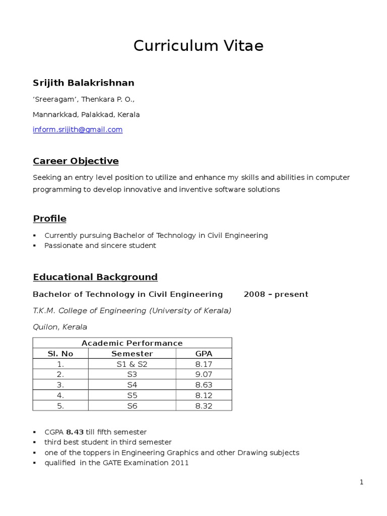 Sample Resume For B Tech Freshers | PDF | Kerala | Engineering