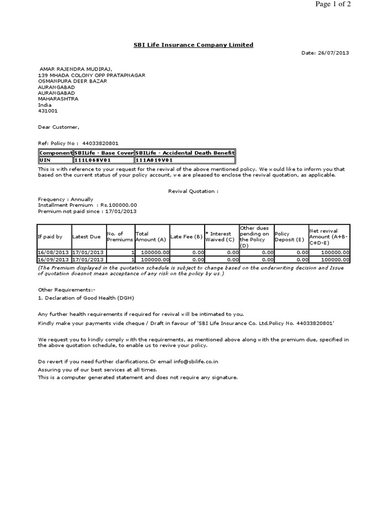 Policy Revival Notice | PDF | Life Insurance | Insurance