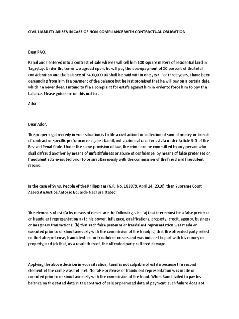 Civil Liability Arises in Case of Non-Compliance With Contractual ...