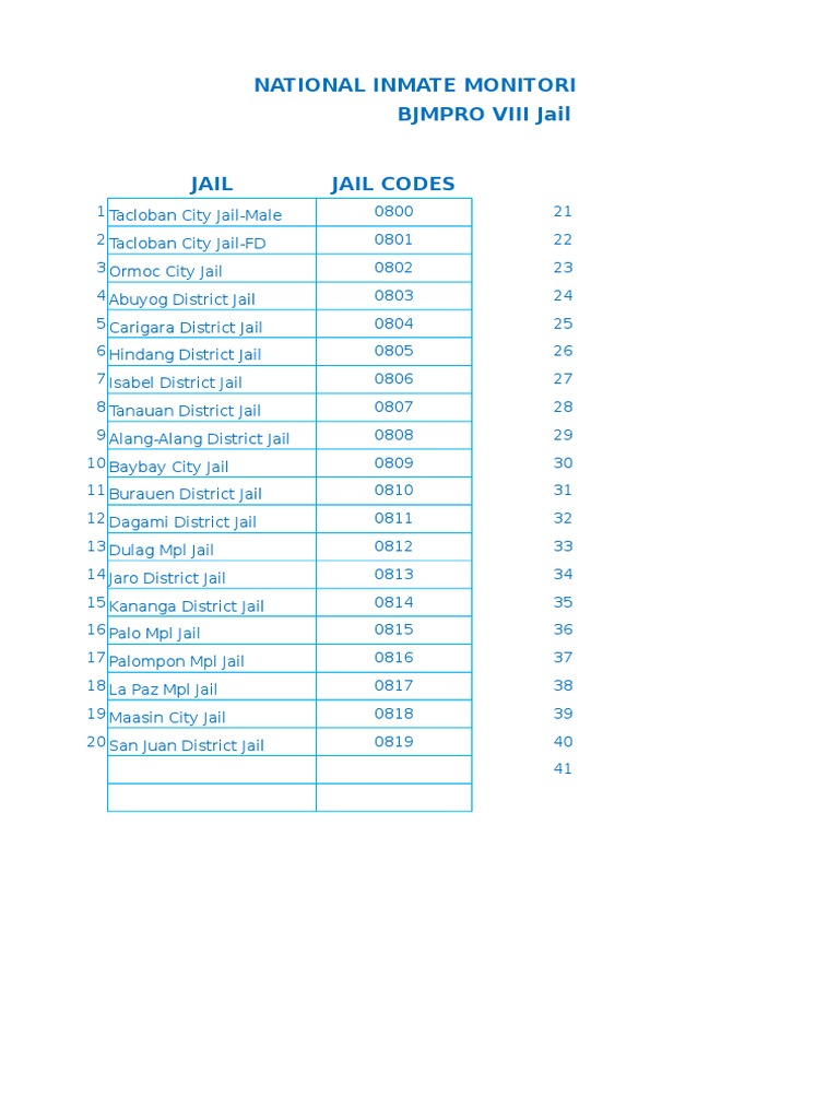 National Inmate Monitoring System (Nims) Bjmpro Viii Jail Codes | PDF