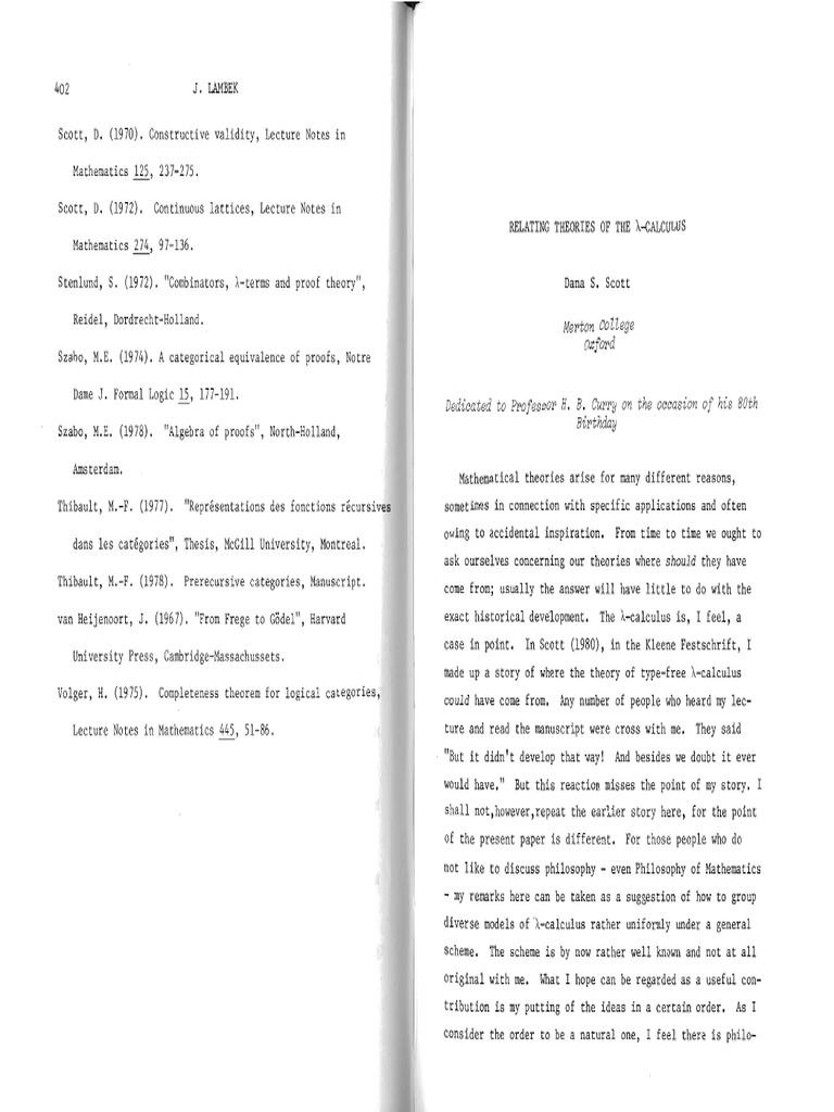 Scott Relating Theories of The Lambda-Calculus 1980 | PDF