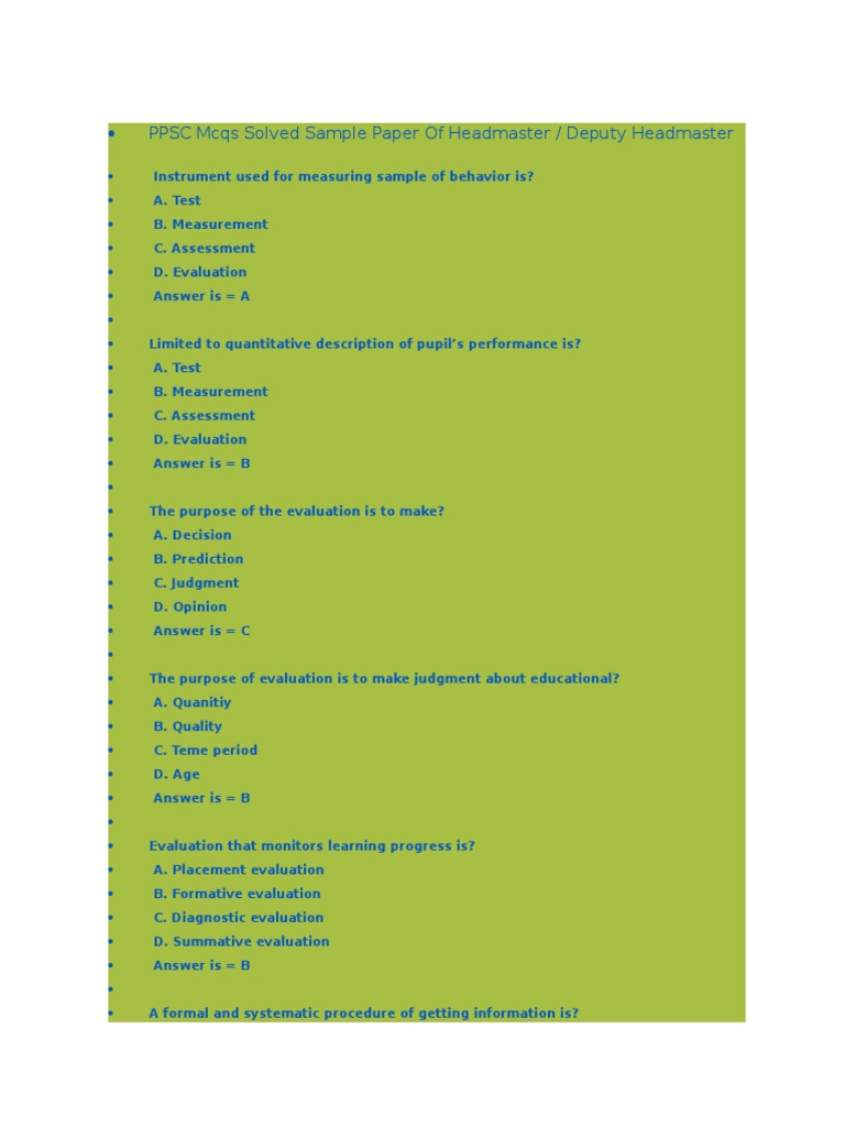 PPSC Mcqs Solved Sample Paper of Headmaster | PDF | Educational ...