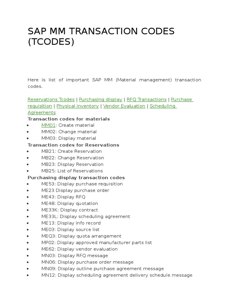 Sap Mm Transaction Codes Pdf Business Business General