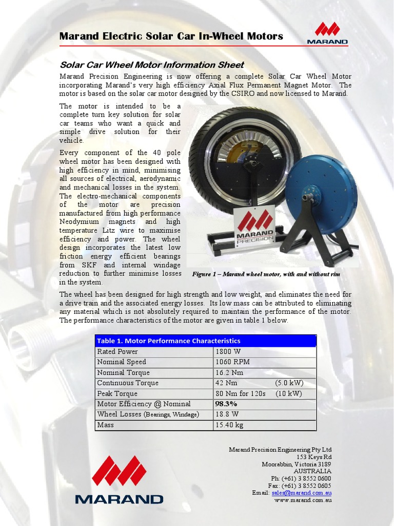 Solar Car Wheel Motor Information Sheet | PDF | Engines | Tire