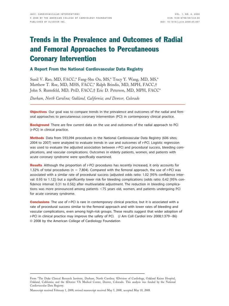 Trends in The Prevalence and Outcomes of Radial and Femoral Approaches ...