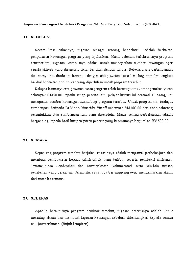 Laporan Kewangan Bendahari Program | PDF