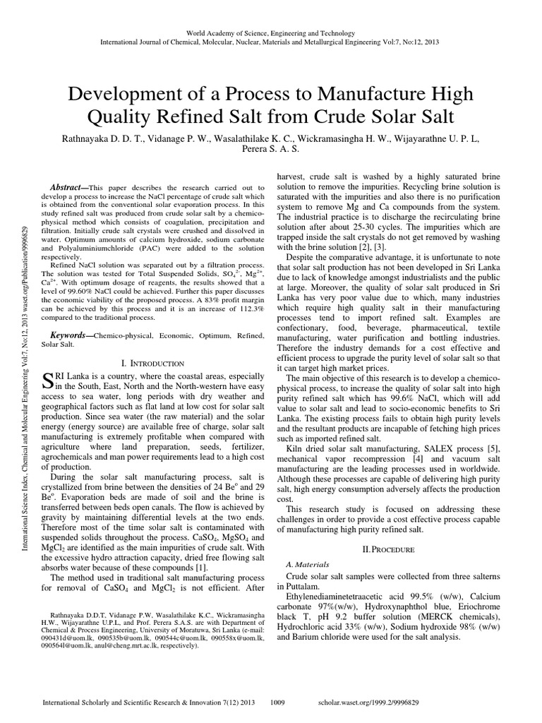 High Purity Refined Salt Process | PDF | Sodium Chloride | Sodium Carbonate