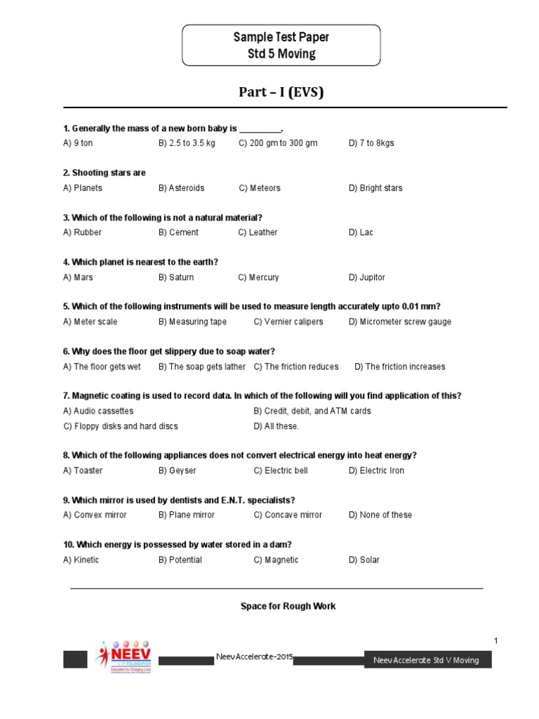 Part - I (EVS) : Sample Test Paper STD 5 Moving | PDF | Water | Sodium ...