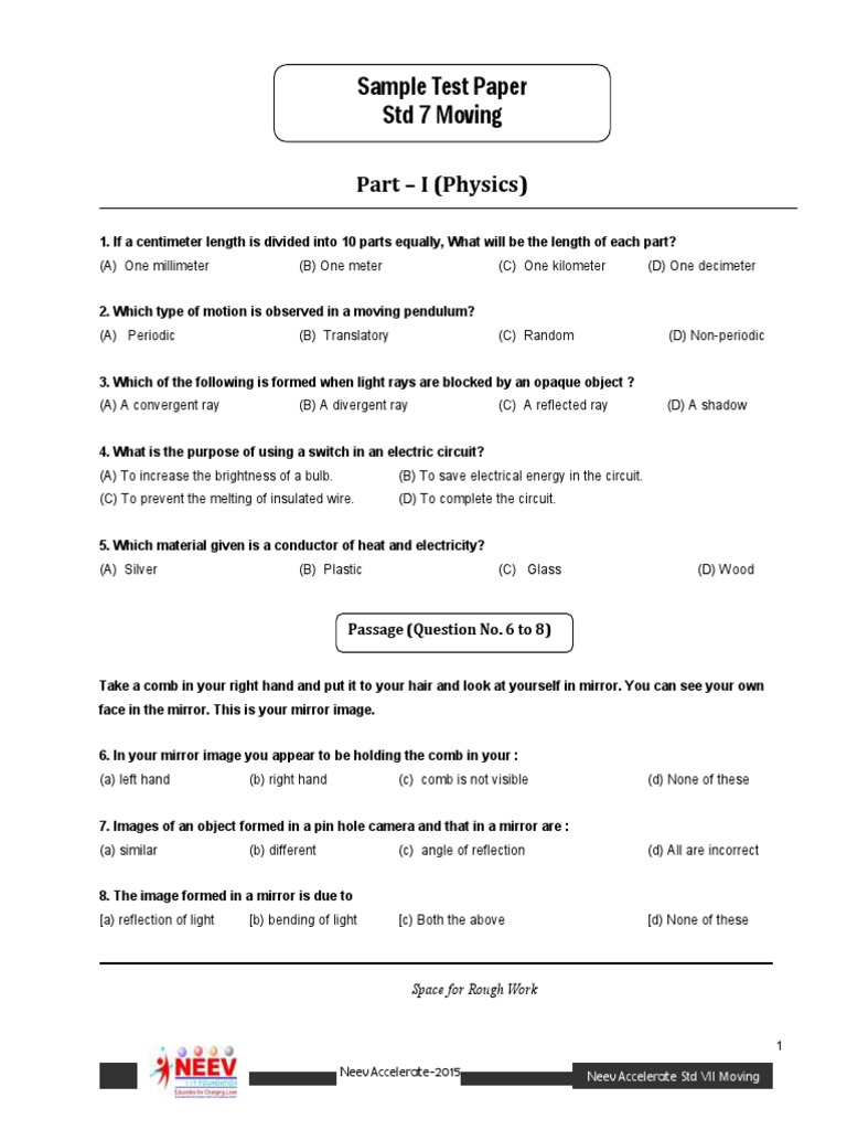 Sample Test Paper STD 7 Moving | PDF | Mirror | Nature