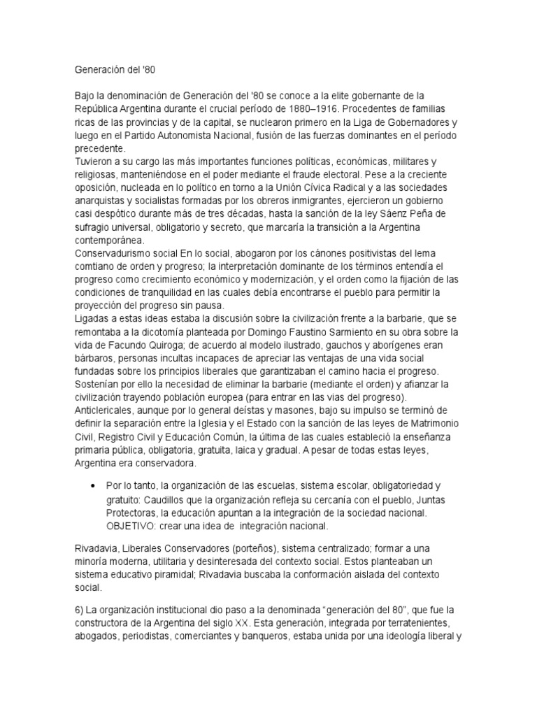 Generación Del 80 - Historia | PDF | Política (general) | Gobierno